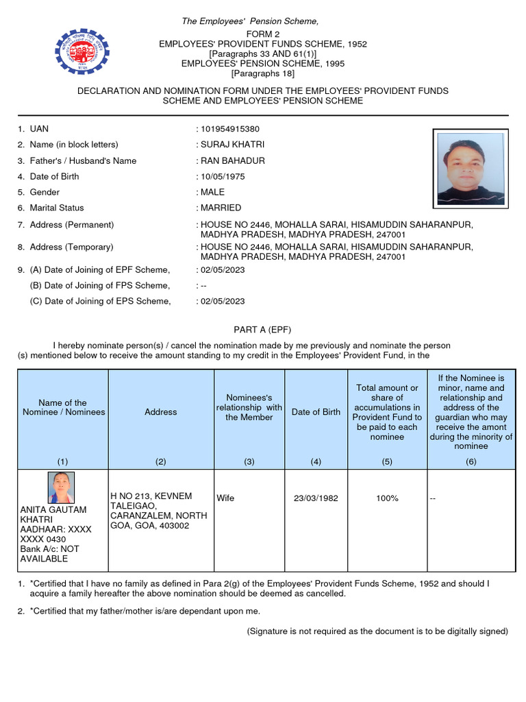 E Nomination | PDF | Employee Benefits | Pension