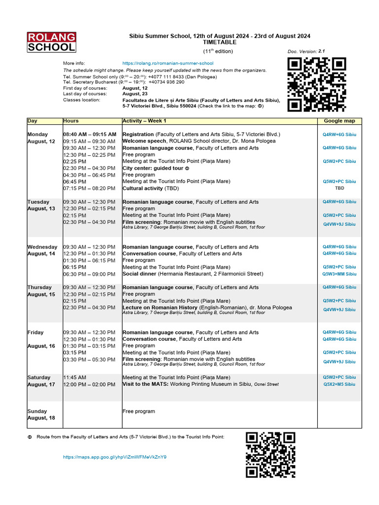 ROLANG Sibiu Summer School Schedule 2024 | PDF