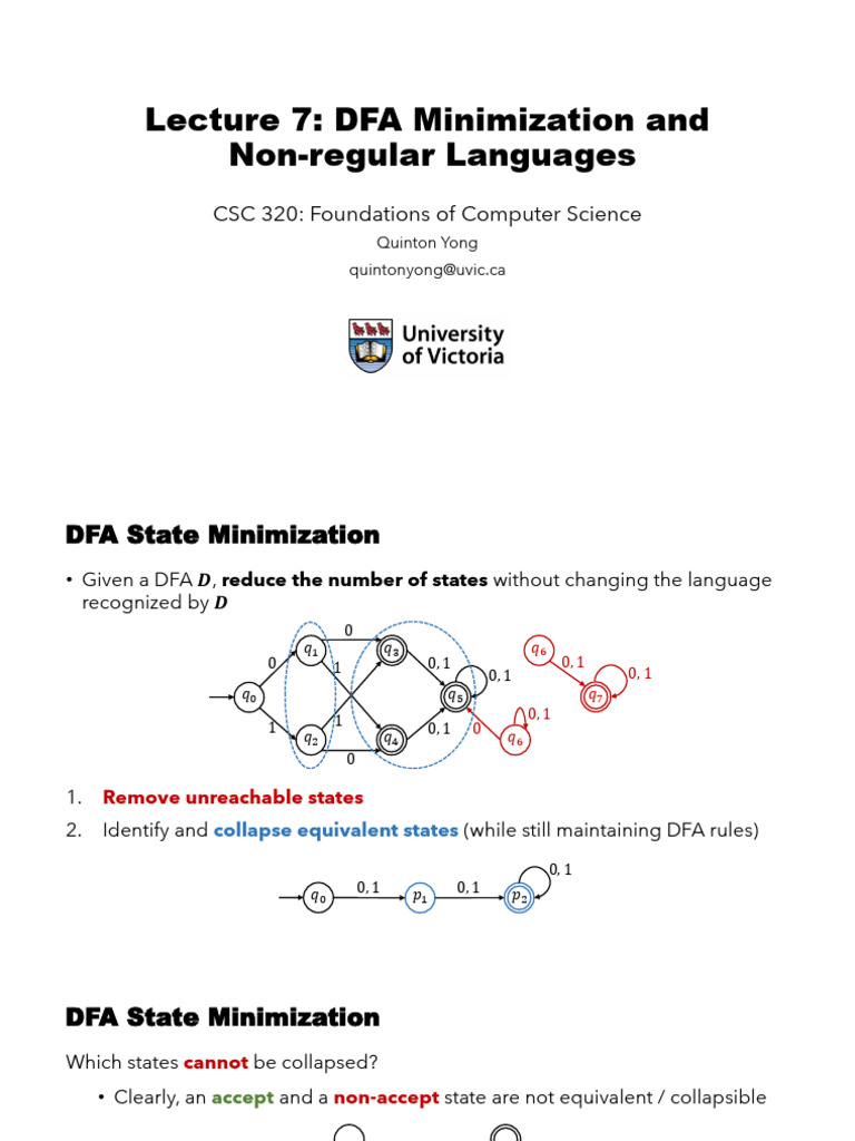 Lecture 7 DFA Minimization and Non-Regular Languages | PDF | Theory Of Computation | Algorithms