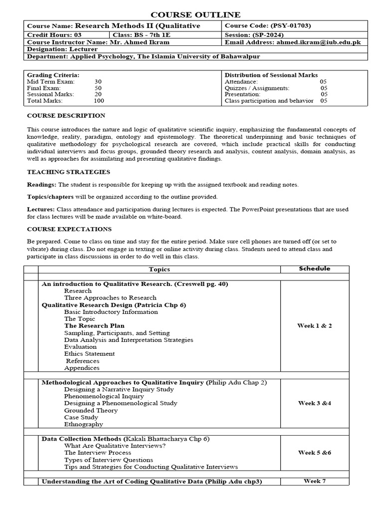Qualitative Research Methods Course Outline | PDF | Qualitative ...