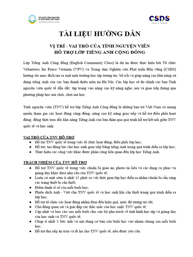 Tài Liệu Hướng Dẫn - Tnv Hỗ Trợ Lớp t.A | PDF