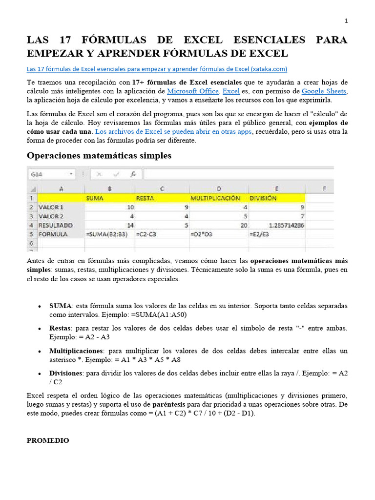 Las 17 Fórmulas de Excel Esenciales para Empezar y Aprender Fórmulas de Excel | PDF | Microsoft ...