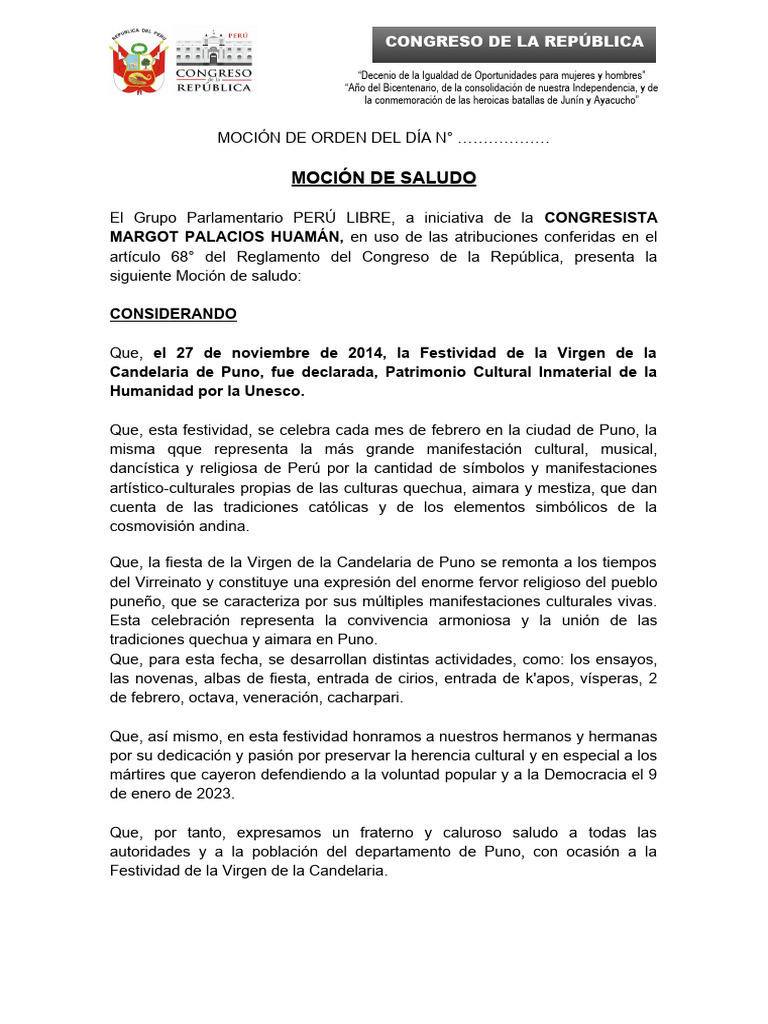 Moción Saludo Puno, Virgen de La Candelaria | PDF | Perú