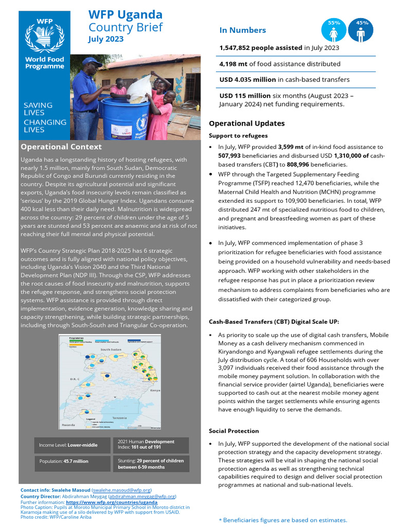 WFP Uganda July 2023 Operational Update | PDF | Food Security | World ...