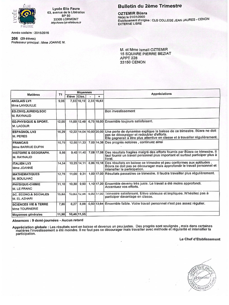 Bulletin de Seconde Du 2ieme Trimestre Busra Oztemir | PDF