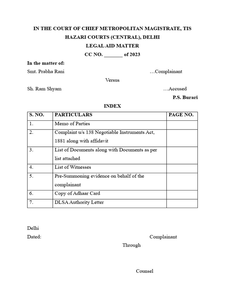 Format of Application Under Section 138 N.I, Act | PDF | Cheque | Affidavit