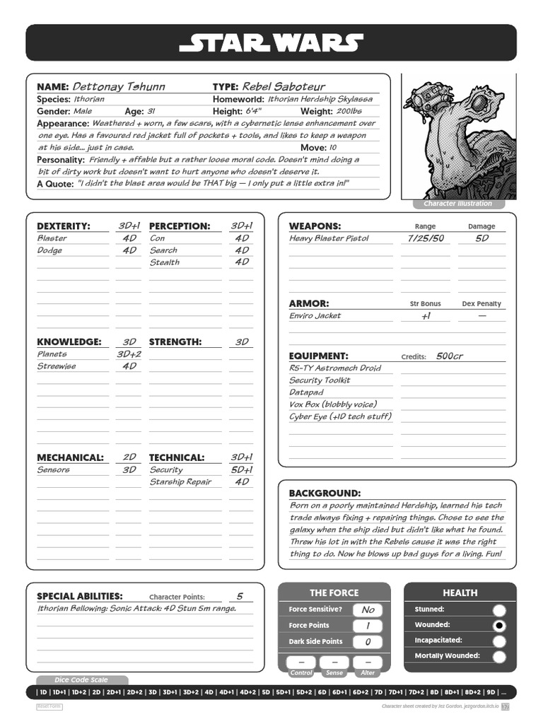 Star Wars D6 Custom Character Sheet 1 Page Sample | PDF
