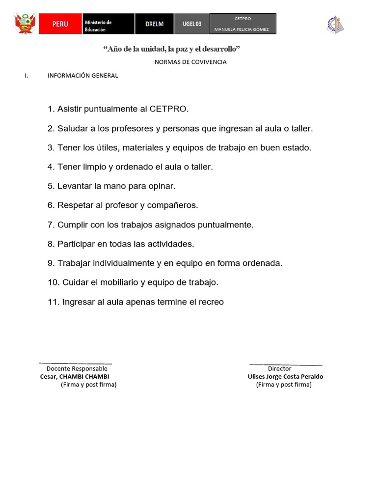 Normas de Convivencia CETPRO | PDF