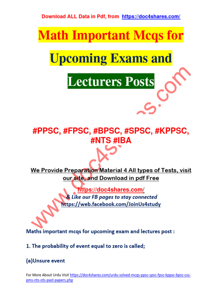 Math Important Mcqs For Upcoming Exams and Lecturers Posts | PDF ...