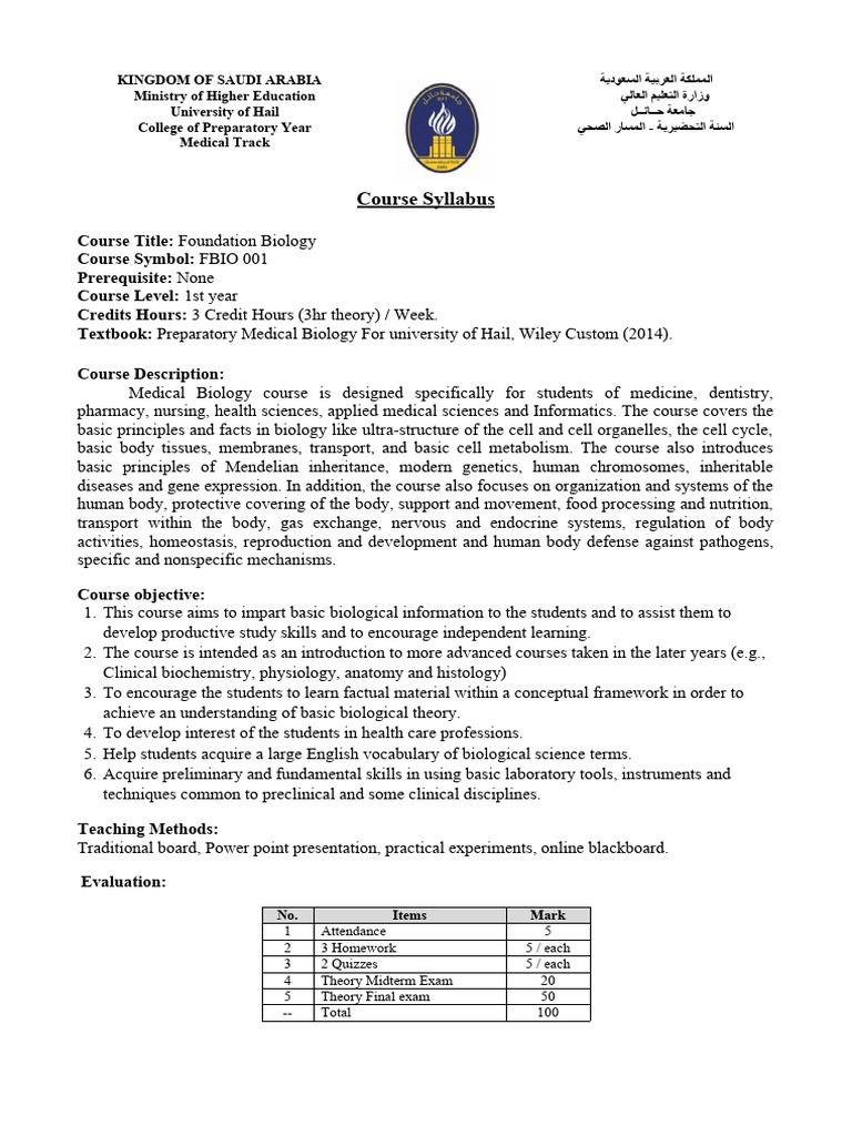 FBIO 001 2023-01 Course Syllabus | PDF | Biology | Cell (Biology)