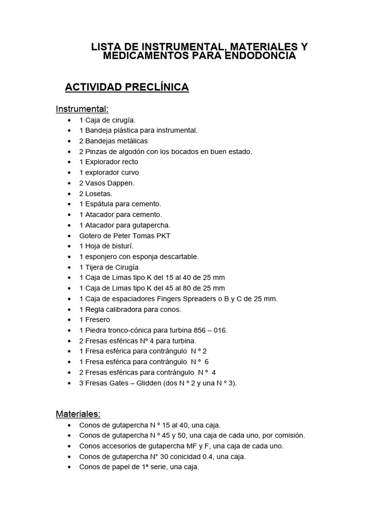 Lista de Instrumental y Materiales Preclã Nico y Clã Nico 2024 | PDF