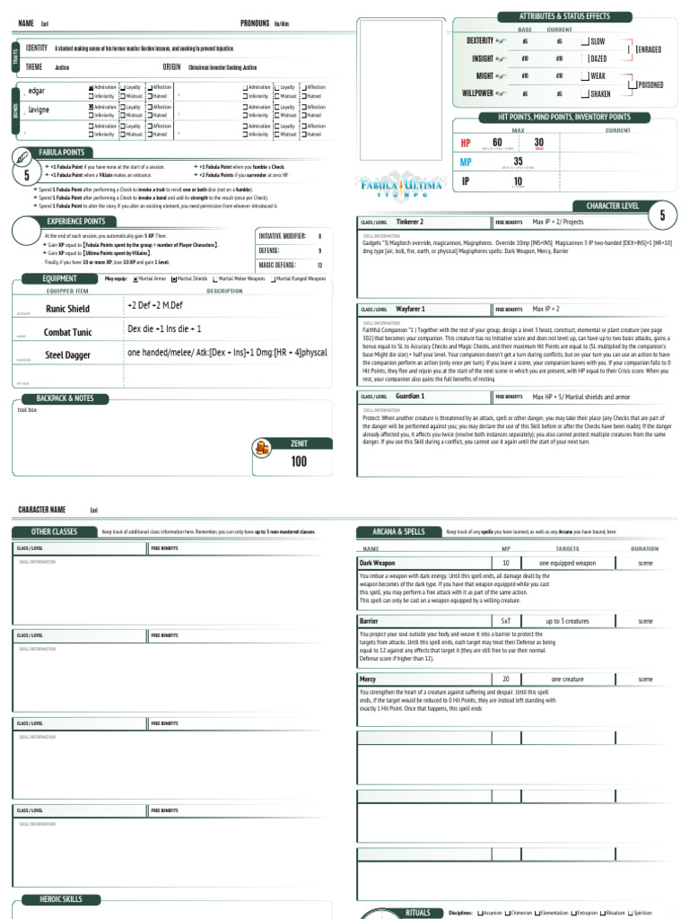 Fabula Ultima Character Sheet Earl | PDF | Role Playing Games | Role Playing Video Games
