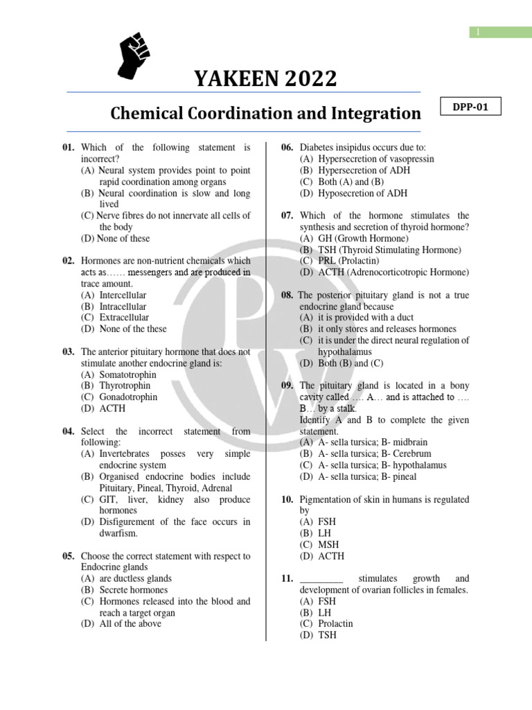 Chemical Control and Cordination Lec 01 DPP | PDF | Pituitary Gland | Hypothalamus