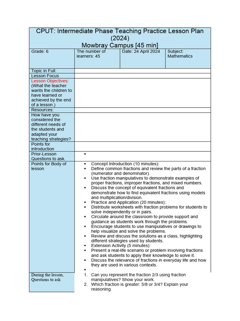 Riyaaz Safodien (Semester One Lesson Plans 2024) | PDF | Lesson Plan ...