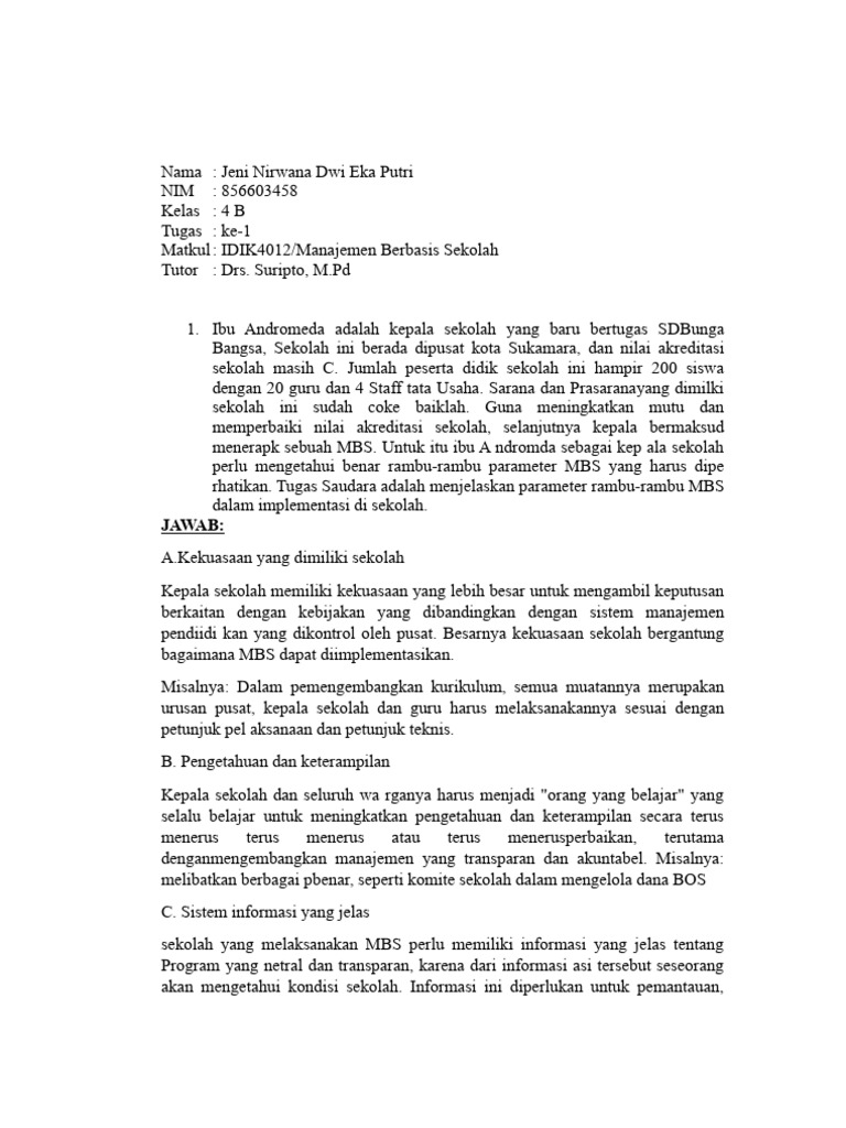 Tugas Tuton 1 Manajemen Berbasis Sekolah Jeni Nirwana | PDF | Karier & Perkembangan | Kesehatan ...