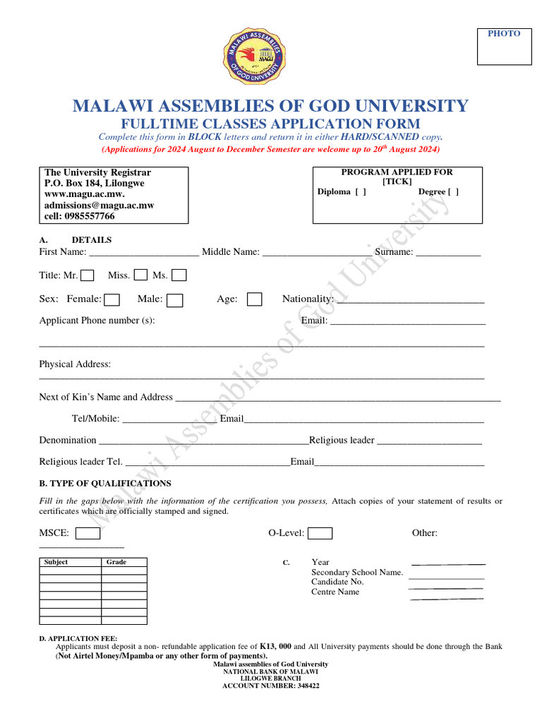 Malawi Assemblies of God Lilongwe Campus Application Form - 2024 August ...