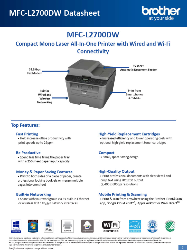 Brother mfcl2700dw | PDF | Fax | Image Scanner