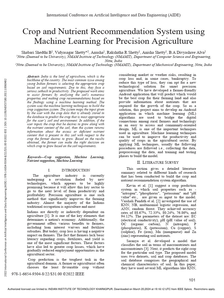Crop and Nutrient Recommendation System Using Machine Learning For ...