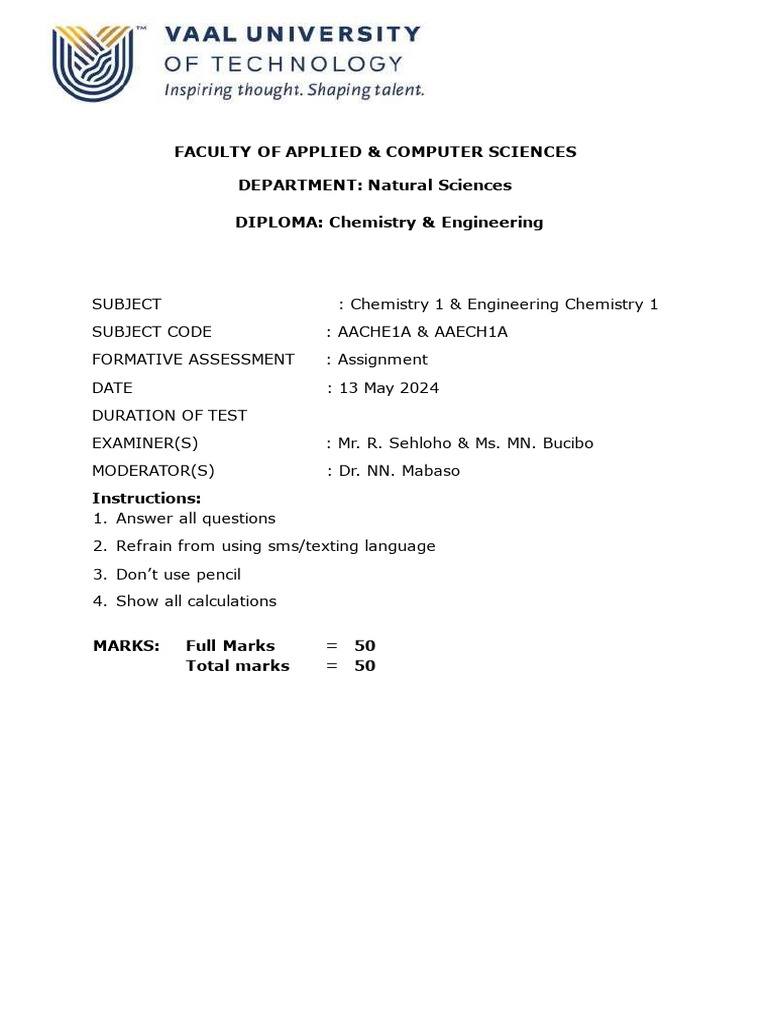 Chemistry 1 Assignment SRT MARUMO 223936332 | PDF | Mole (Unit) | Chemistry