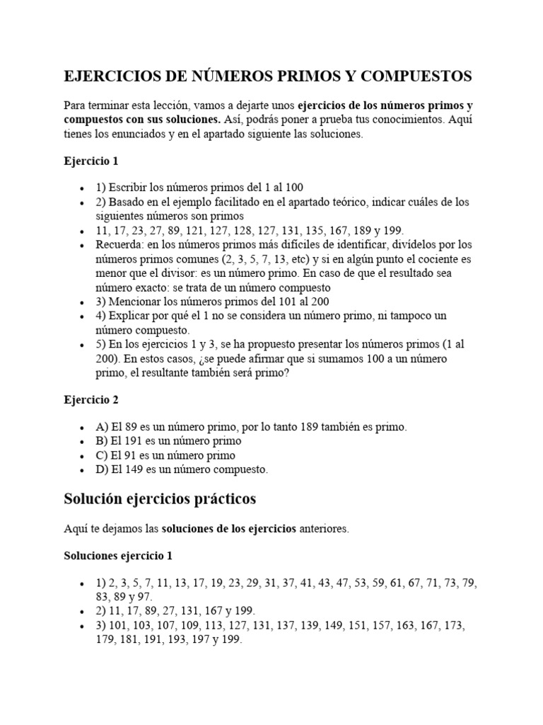 EJERCICIOS DE NÚMEROS PRIMOS Y COMPUESTOS | PDF | Aritmética ...