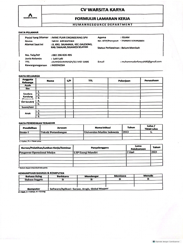 Formulir Lamaran Kerja Muh. Arfansyah CV. Warsita Karya | PDF