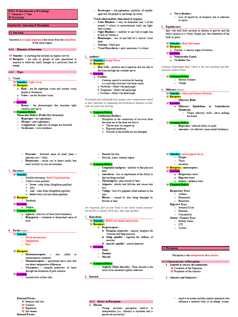 Psych 01 - Lec 04 (Perception & Sensation) | PDF | Senses | Perception