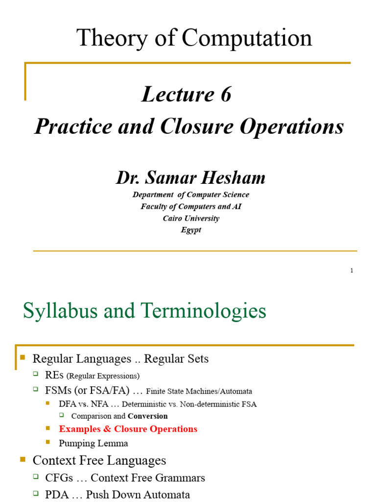 Lecture 6 - FSMs-closure+examples | PDF | Regular Expression | Formal Methods