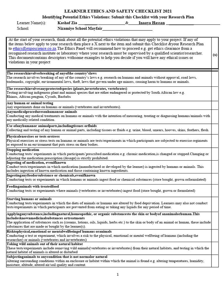Ethic Checklist | PDF | Drugs | Experiment