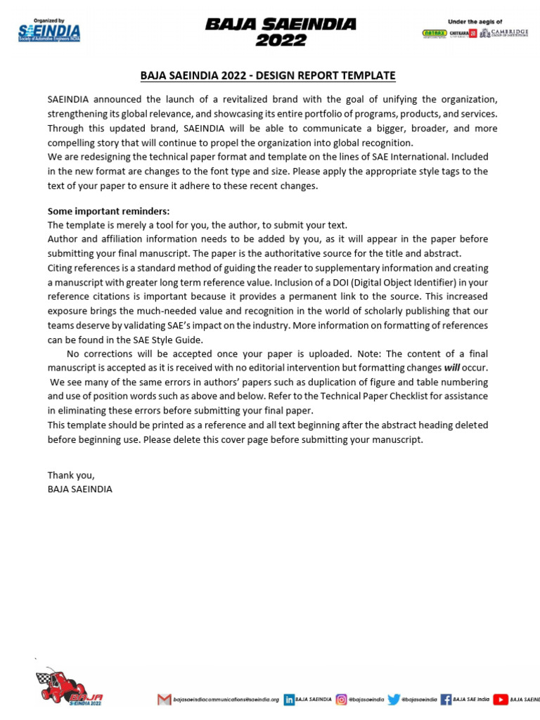 BAJA SAEINDIA 2022 DESIGN REPORT_TEMPLATE | PDF | Arial | Abstract ...