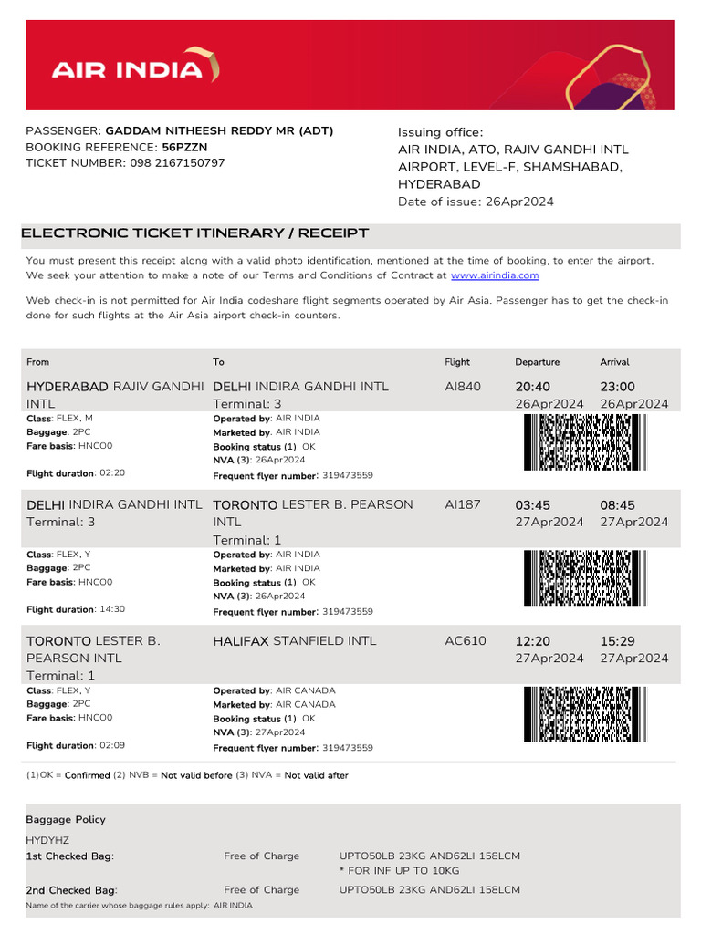 Air India Web Booking Eticket (56pzzn) - Nitheesh Reddy | PDF