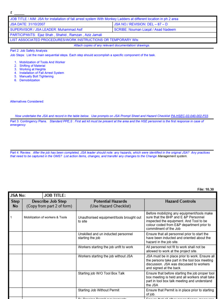 DEL - 064 Jsa for Installation of Davit Arm | PDF | Personal Protective Equipment | Occupational ...