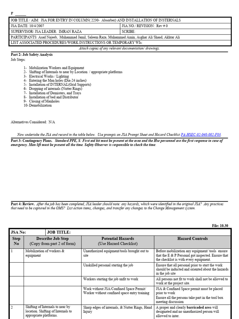 JSA for Internals Installation - 2230-31 | PDF | Personal Protective ...