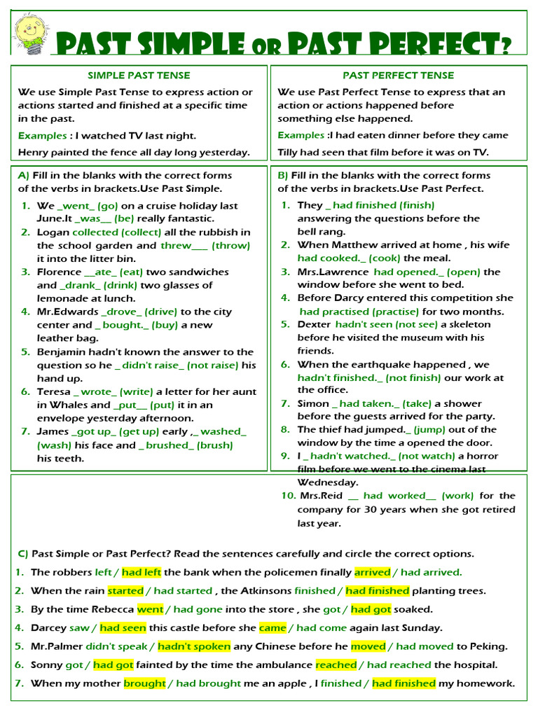 Past Simple vs. Past Perfect Tenses | PDF | Perfect (Grammar ...