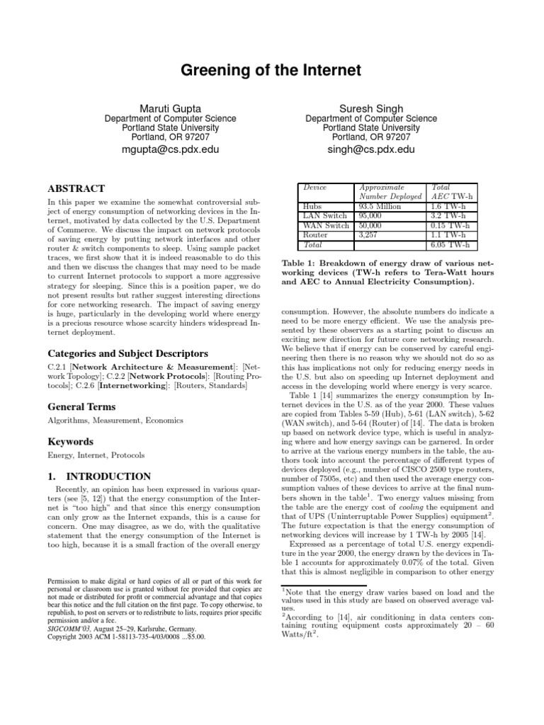 Greening of The Internet | PDF | Router (Computing) | Computer Network