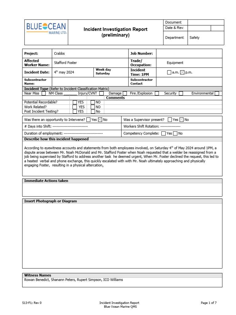 Blue Ocean Incident Report Template | PDF | Hazards | Personal ...