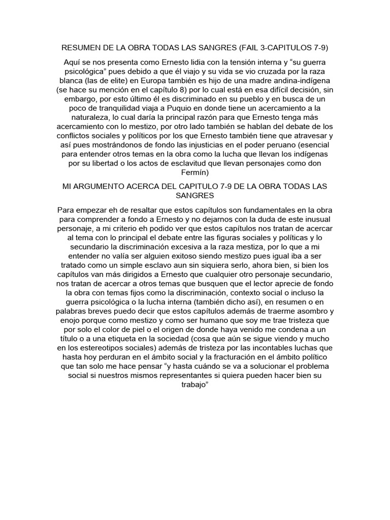 Resumen 3 de La Obra Todas Las Sangres | PDF