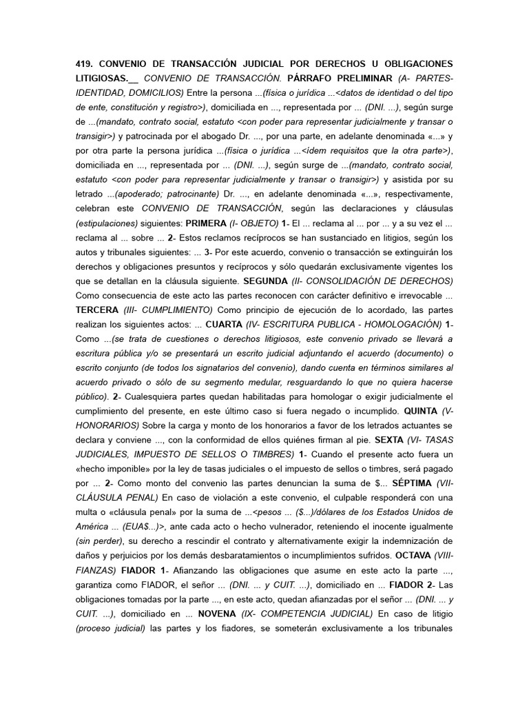 Convenio de Transacción Judicial Por Derechos U Obligaciones Litigiosas | PDF | Daños y ...
