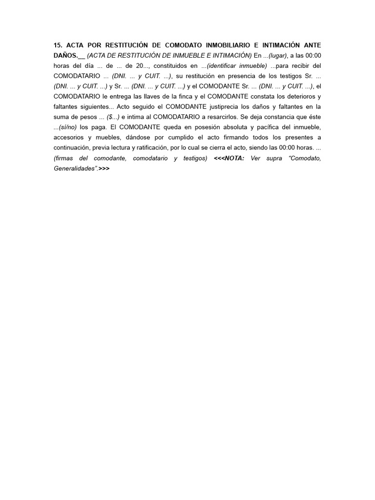 15. acta por restitución de comodato inmobiliario e intimación ante daños | PDF
