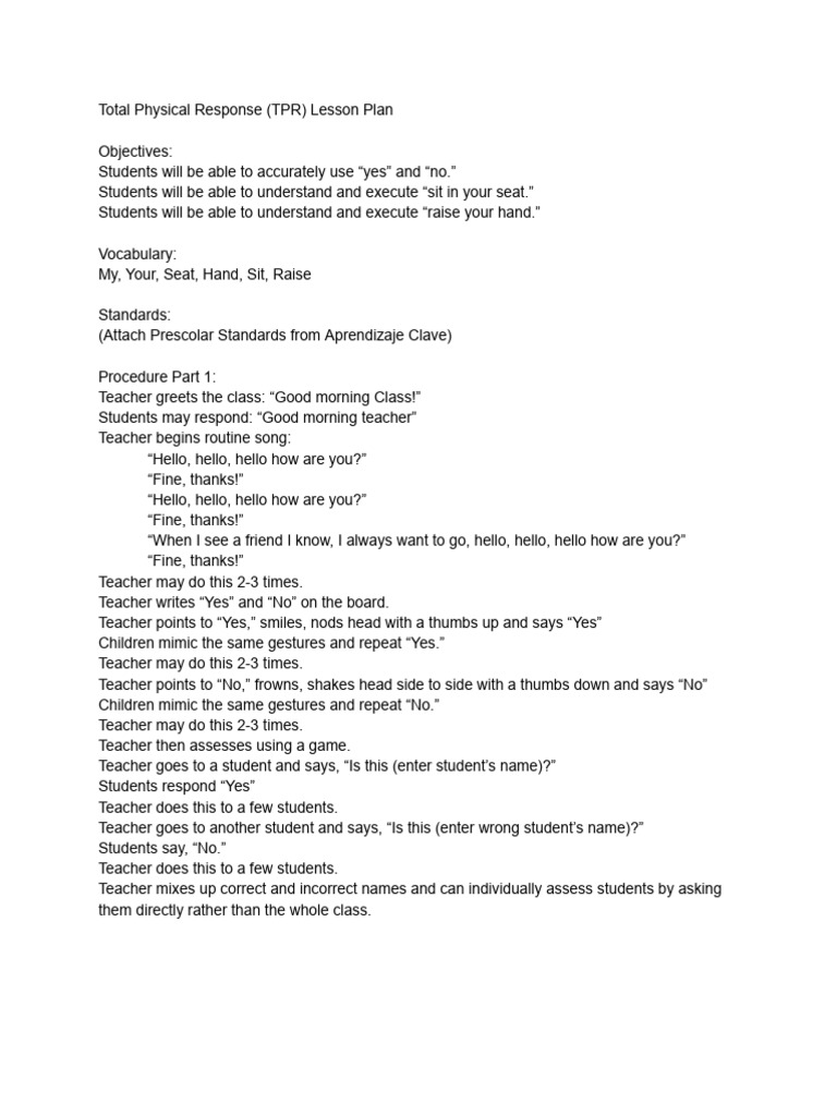 Total Physical Response TPR Lesson Plan | Download Free PDF | Teachers ...