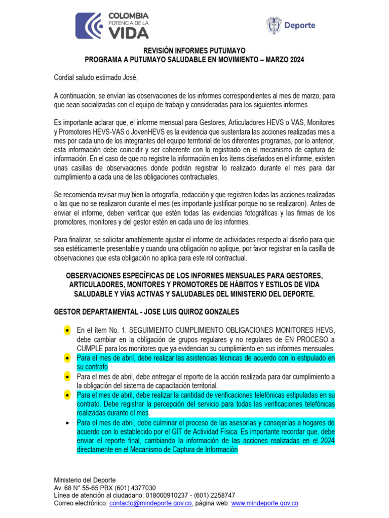 Revisión Informes Putumayo Marzo 2024 | PDF