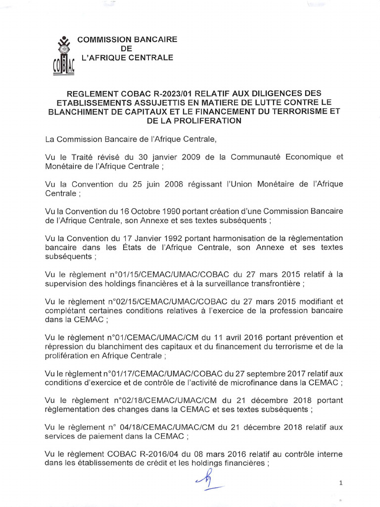 Règlement COBAC R-2023-01 Diligences LBC-FT | PDF
