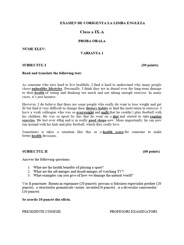 Examen de Corigenta Proba Orala Varianta 1 Cls Ix | PDF