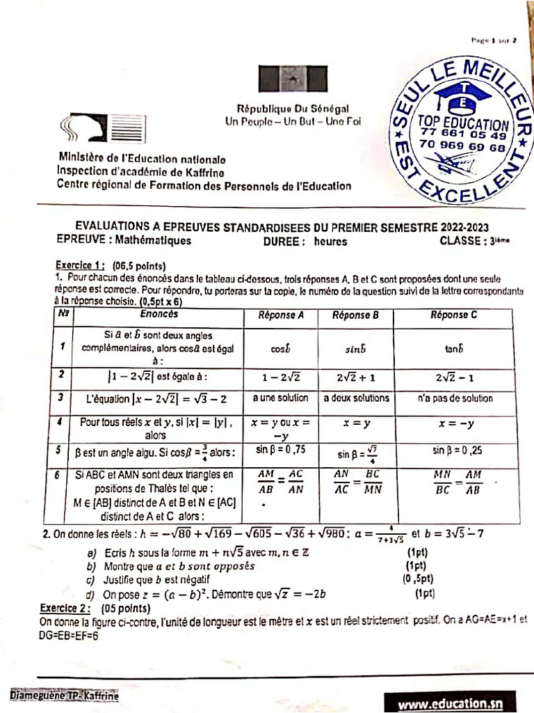 Composition Du Premier Semestre Mathematiques | PDF