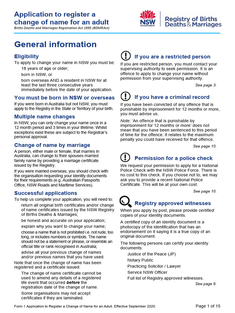 NSW Adult Name Change Application Guide | PDF | Identity Document ...