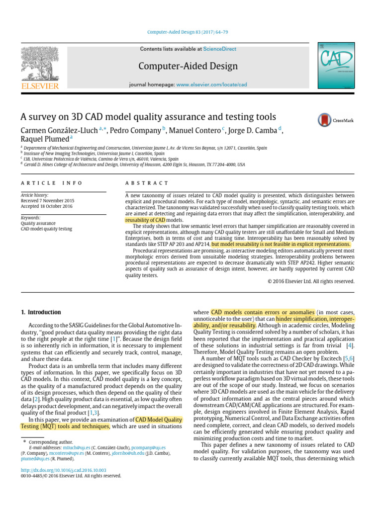 A Survey On 3D Cad Model Quality Assurance and Testing Tools | PDF ...