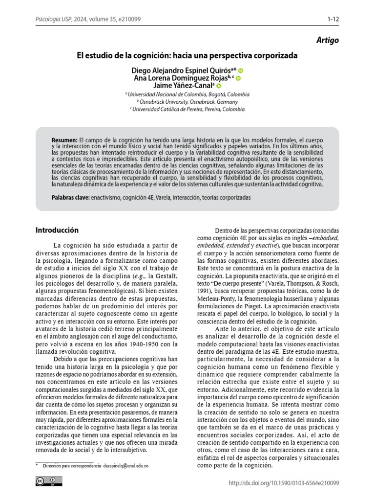 Cognición Corporizada y Enactivismo | PDF | Sicología | Cognición