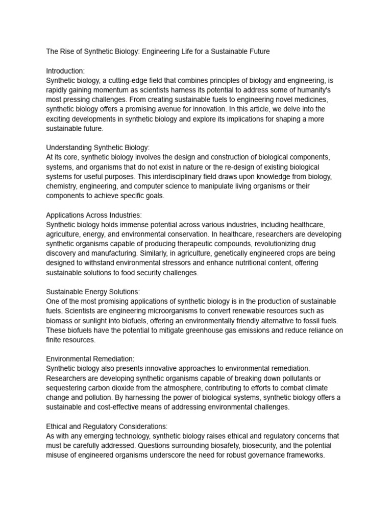 The Rise Of Synthetic Biology Engineering Life For A Sustainable