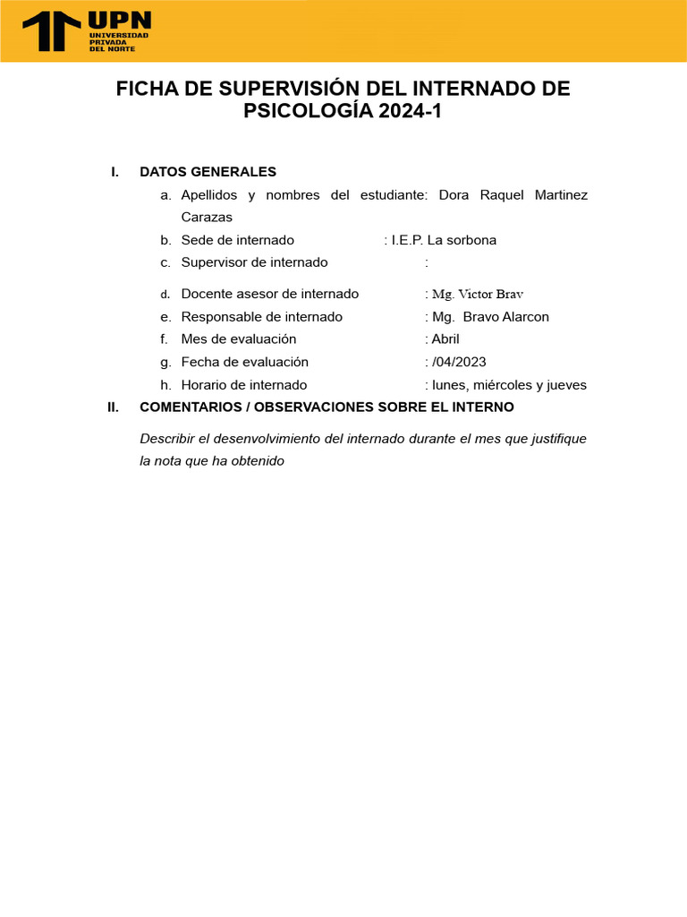 Formato de Supervisiòn de Internado 2024-1 | PDF | Evaluación | Sicología