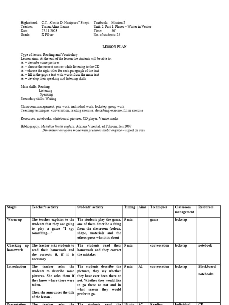 Plan Lectie Mission Winter-in-Venice | PDF | Behavior Modification | Learning