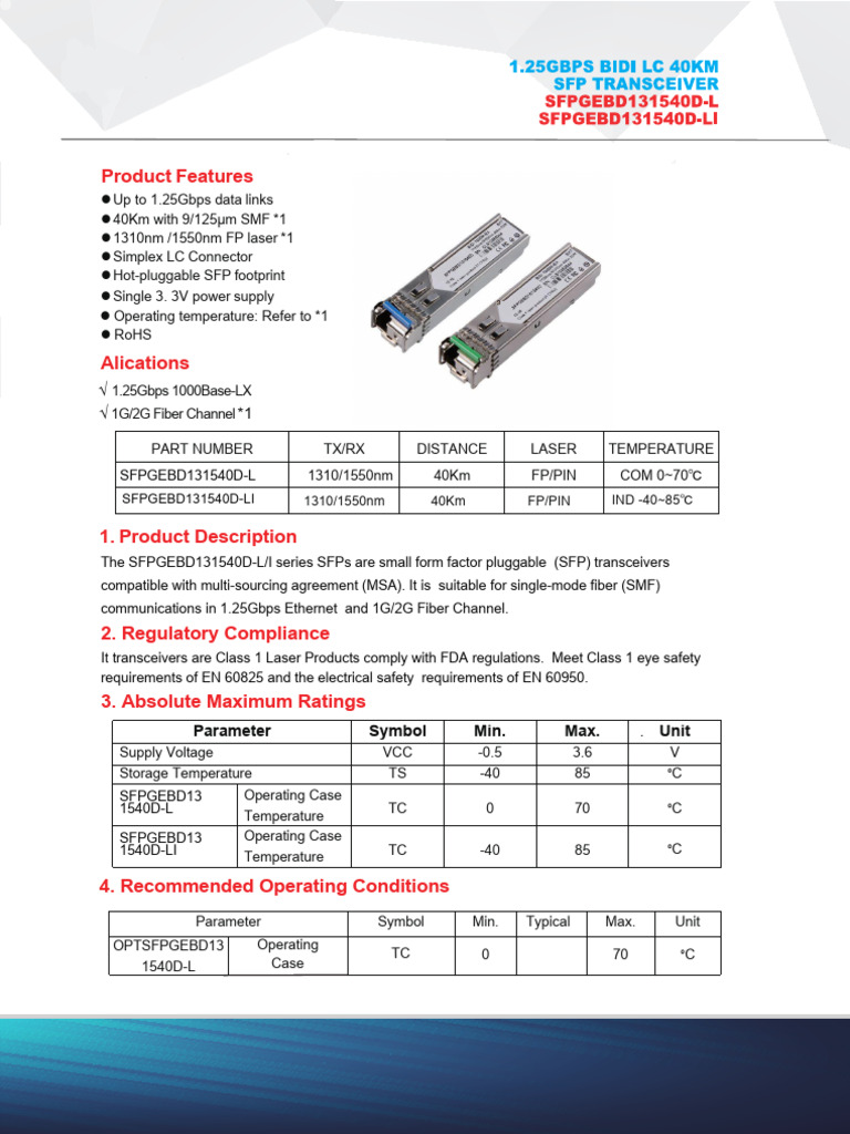 SFP 1.25G Bidi TX13101550NM 40KM LC | PDF | Telecommunications Engineering | Electronic Engineering